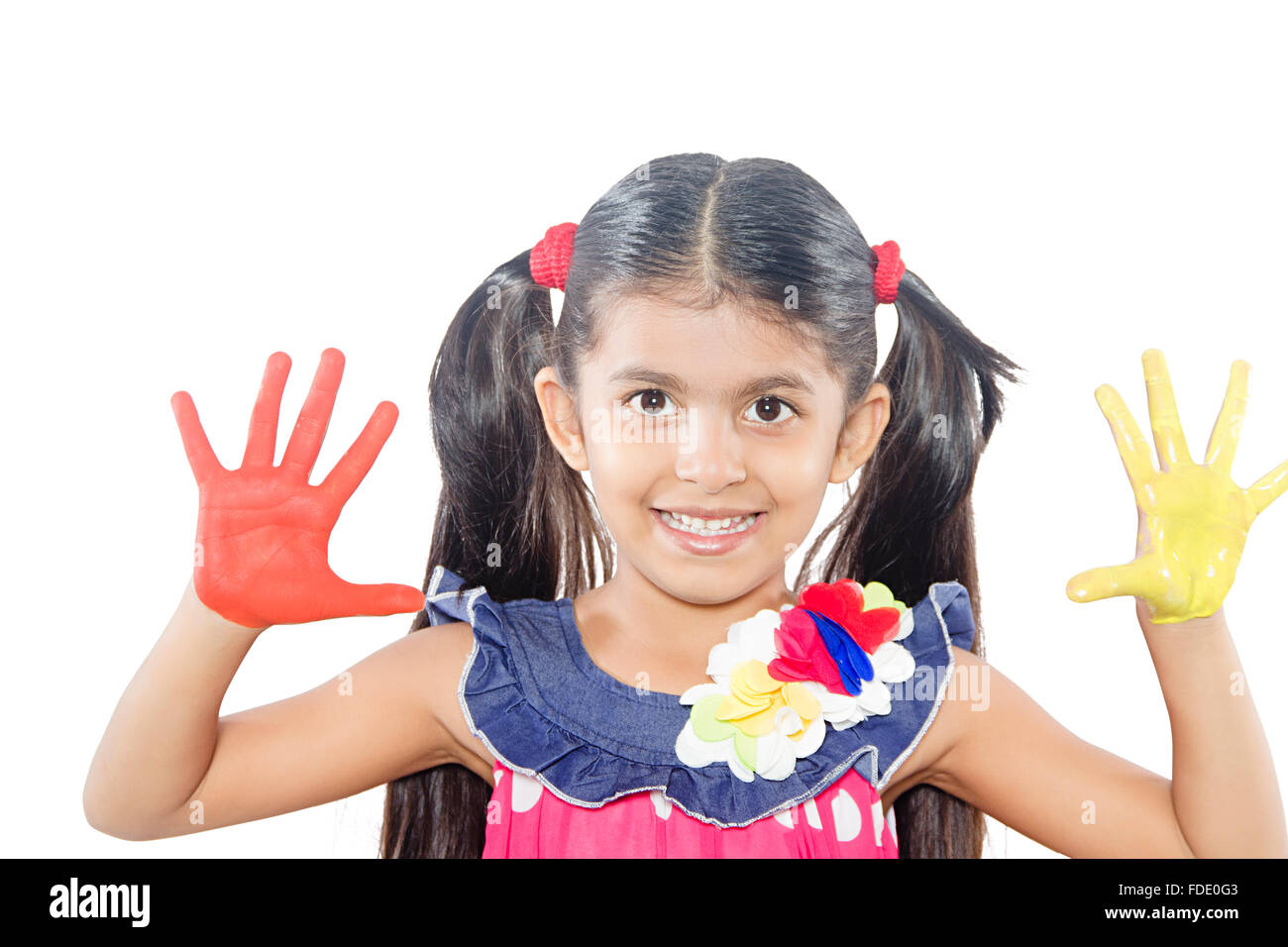 1 Person Only Girl Kid Mischief Paint Palm Red Showing Smiling Yellow ...