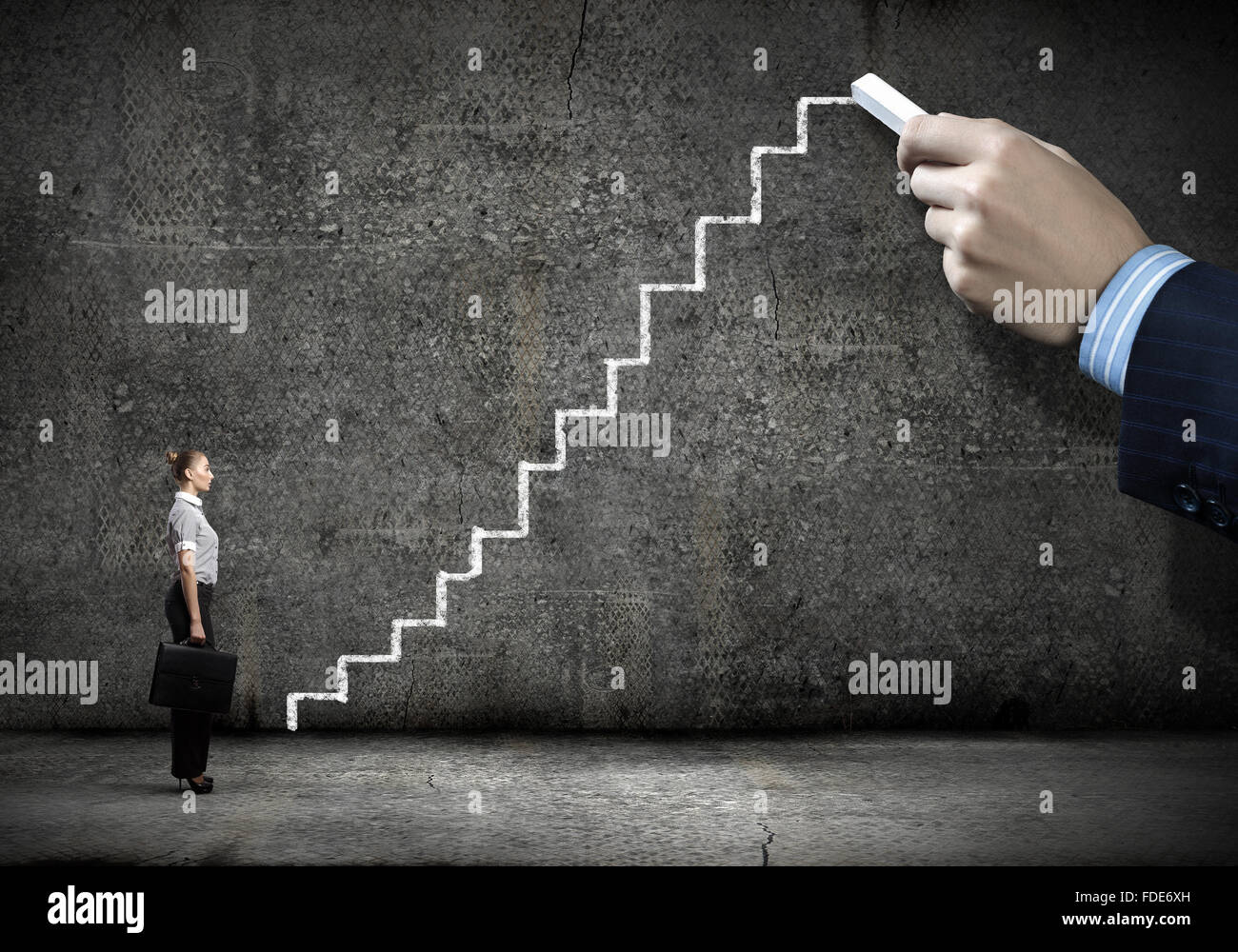 Businesswoman stepping ladder drawn by hand with chalk Stock Photo - Alamy