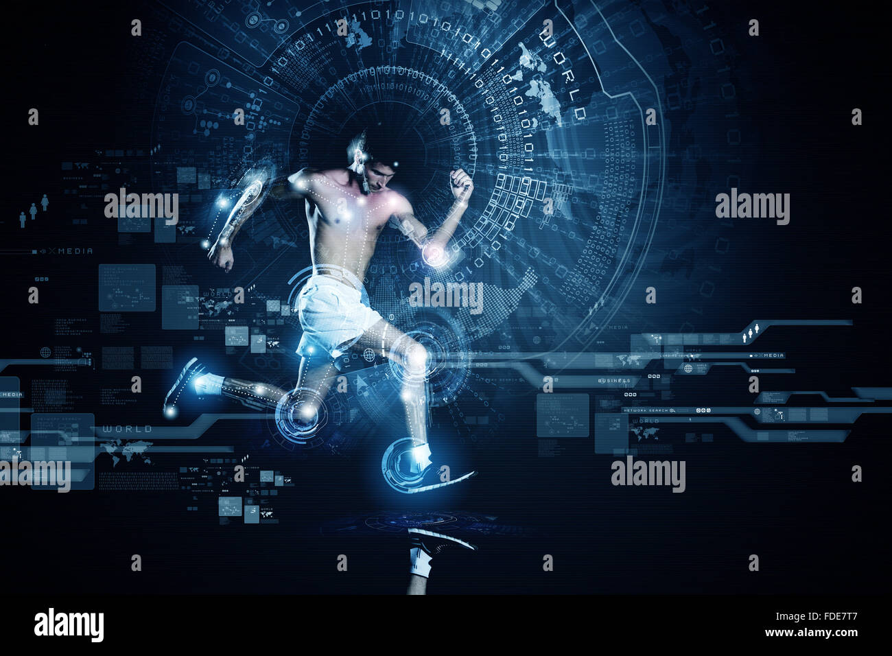 Young running man against digital media background Stock Photo - Alamy