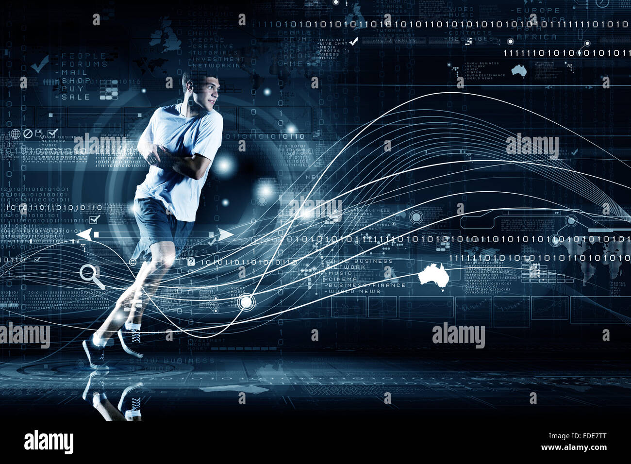 Young running man against digital media background Stock Photo - Alamy