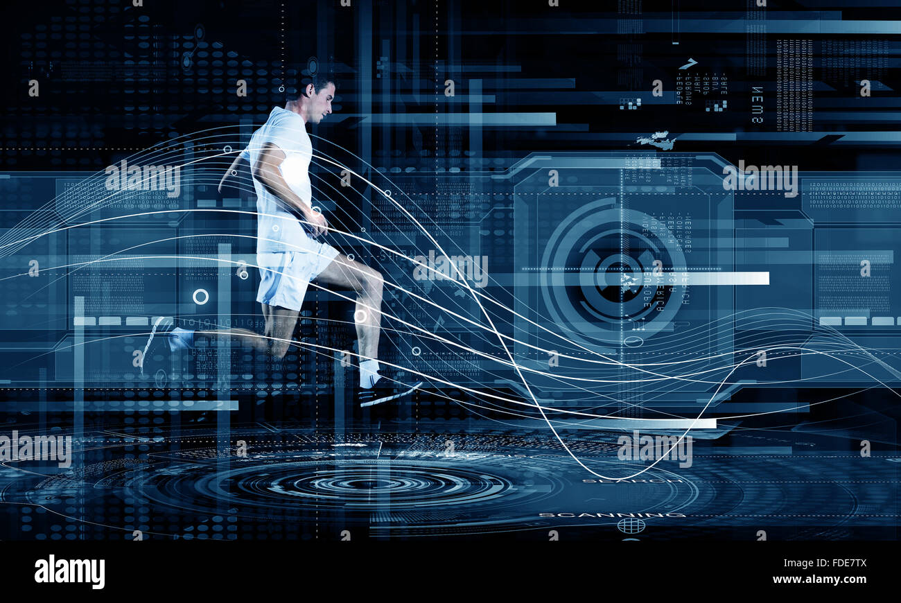 Young running man against digital media background Stock Photo - Alamy
