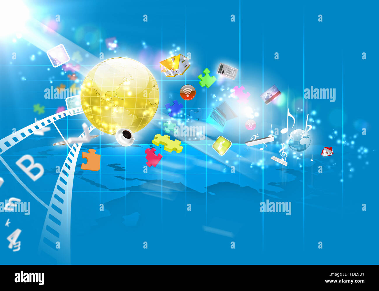 Business high-tech media background with symbols and icons Stock Photo ...