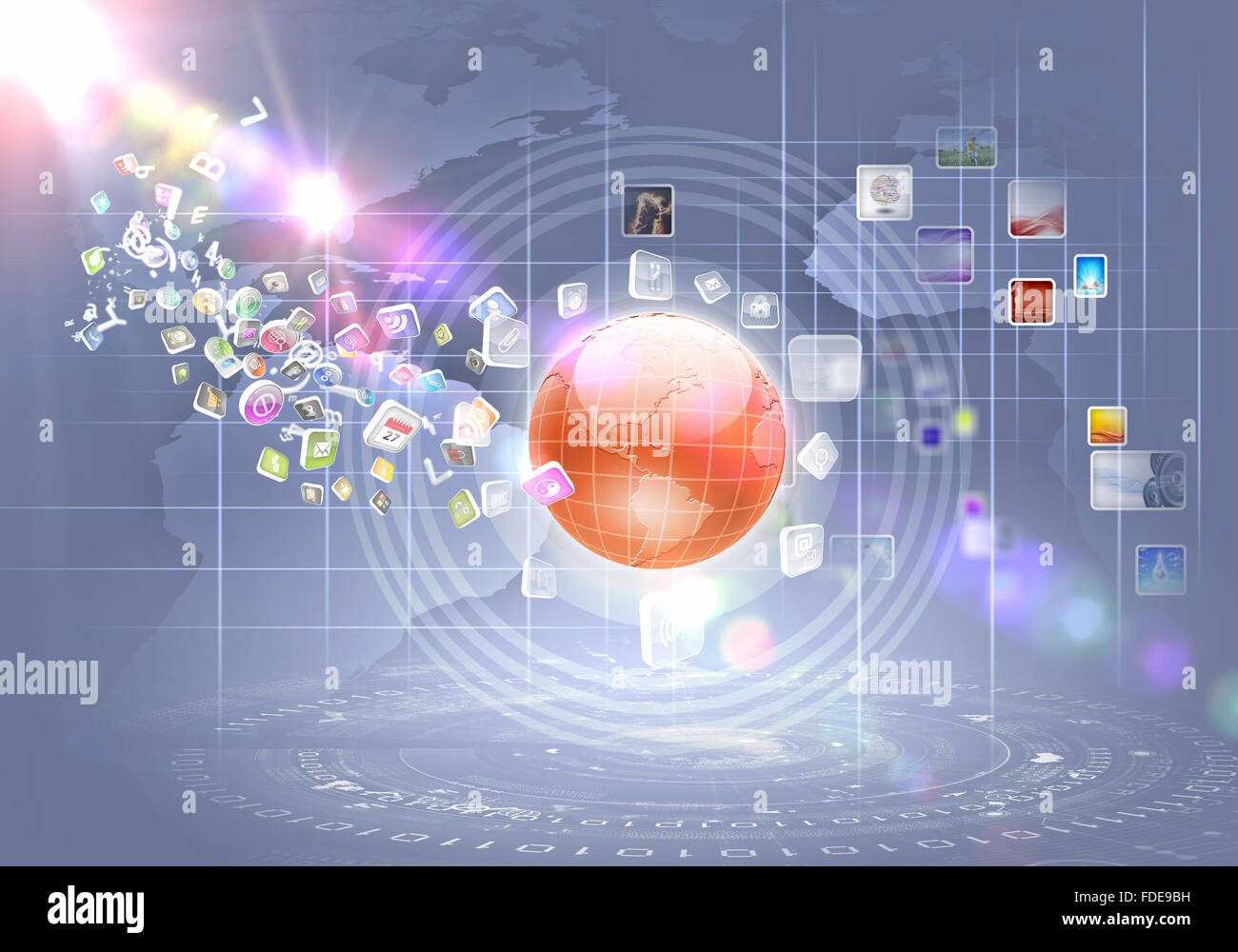 Business high-tech media background with symbols and icons Stock Photo ...