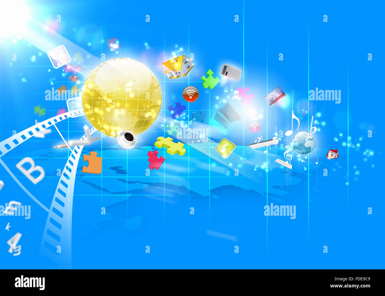 Business high-tech media background with symbols and icons Stock Photo ...