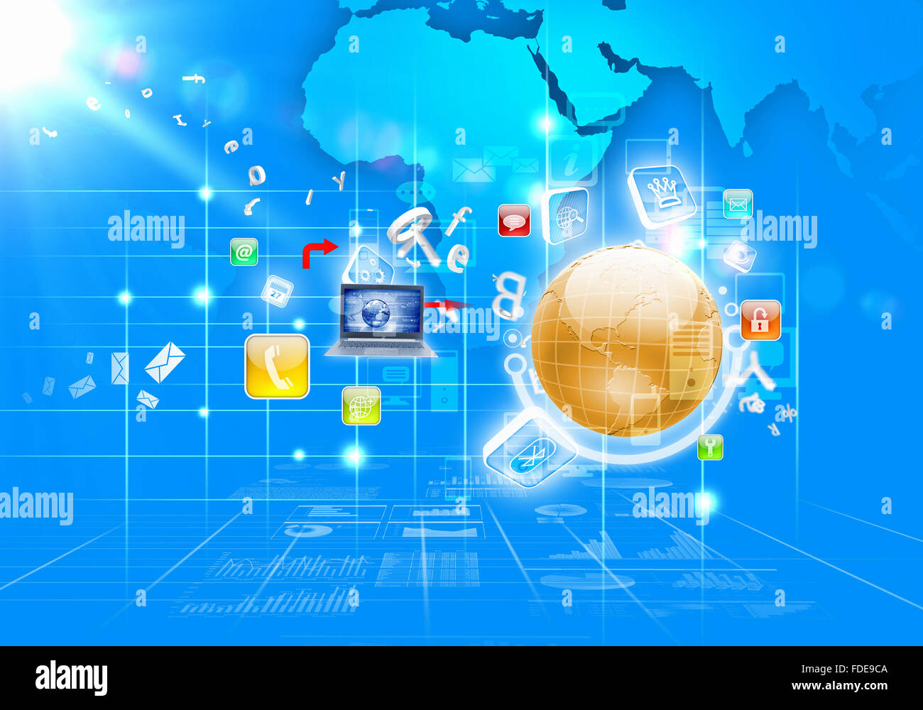 Business high-tech media background with symbols and icons Stock Photo ...