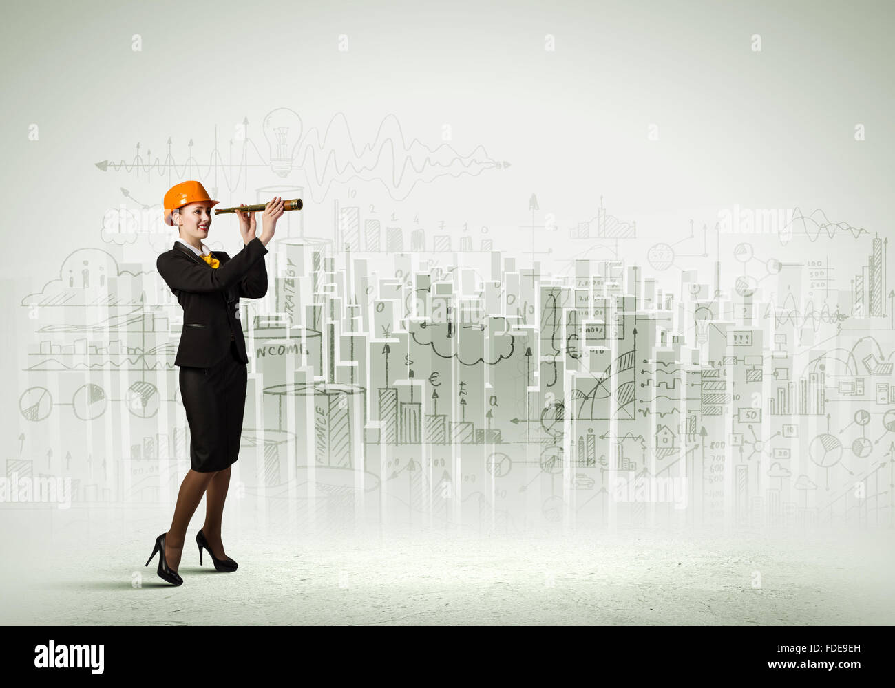 Woman engineer in helmet with scope against sketch background Stock ...