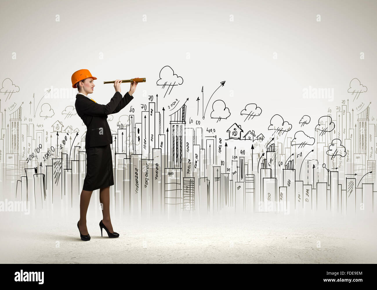 Woman engineer in helmet with scope against sketch background Stock ...