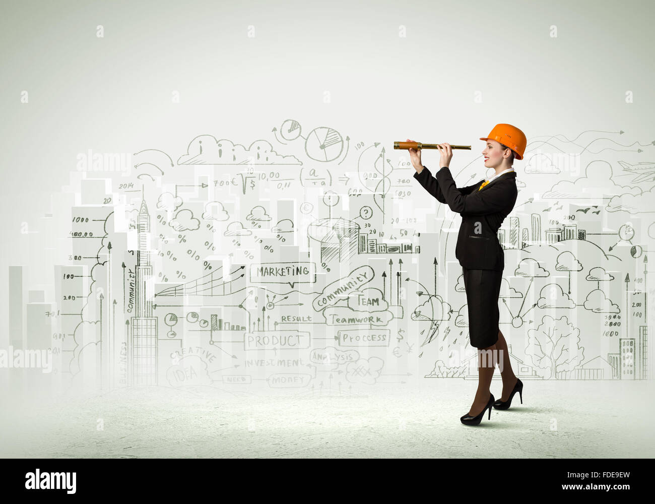 Woman engineer in helmet with scope against sketch background Stock ...