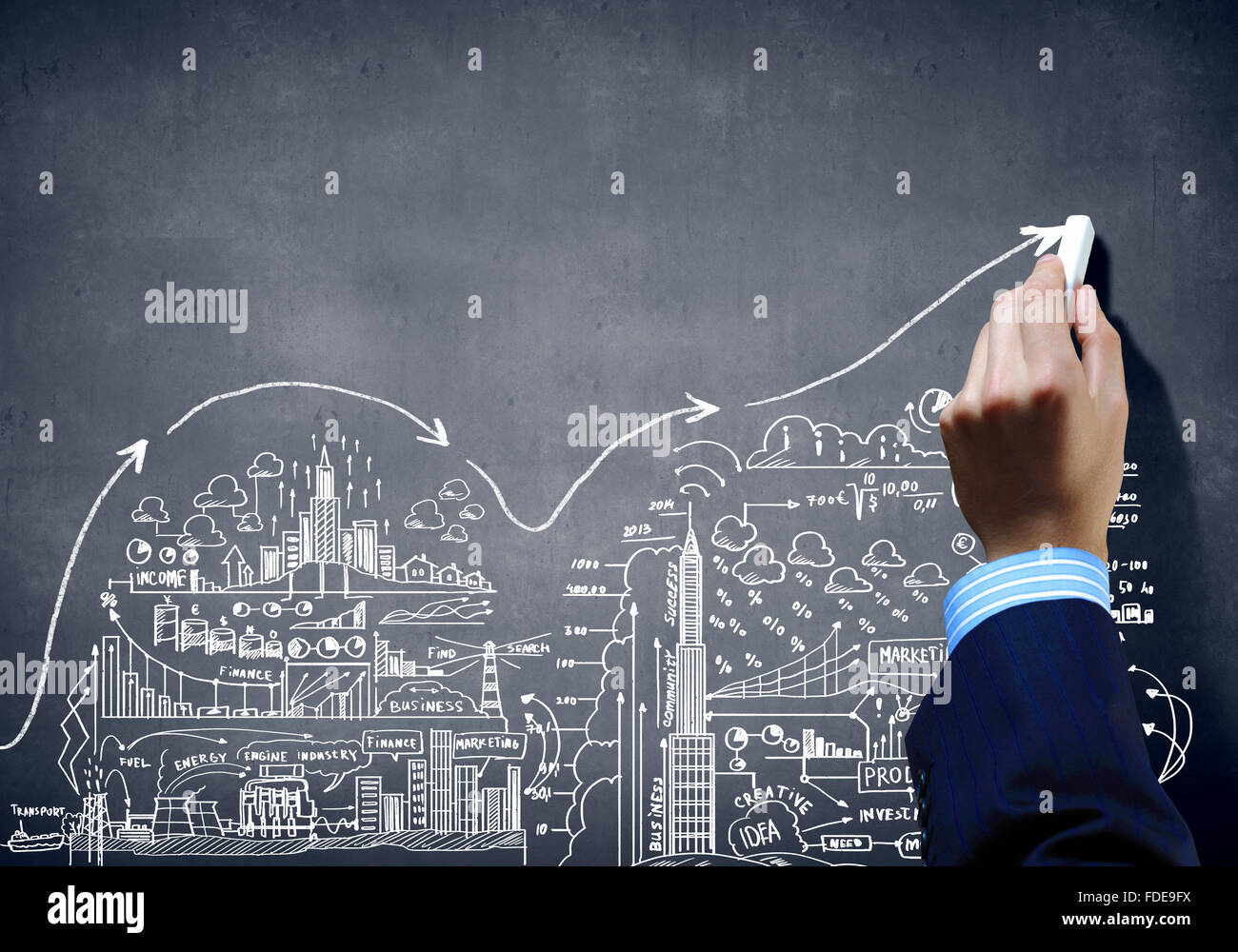 Close up of human hand drawing business plan with chalk Stock Photo - Alamy