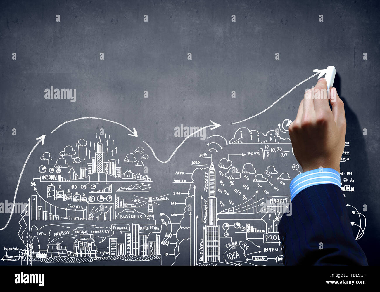 Close up of human hand drawing business plan with chalk Stock Photo - Alamy