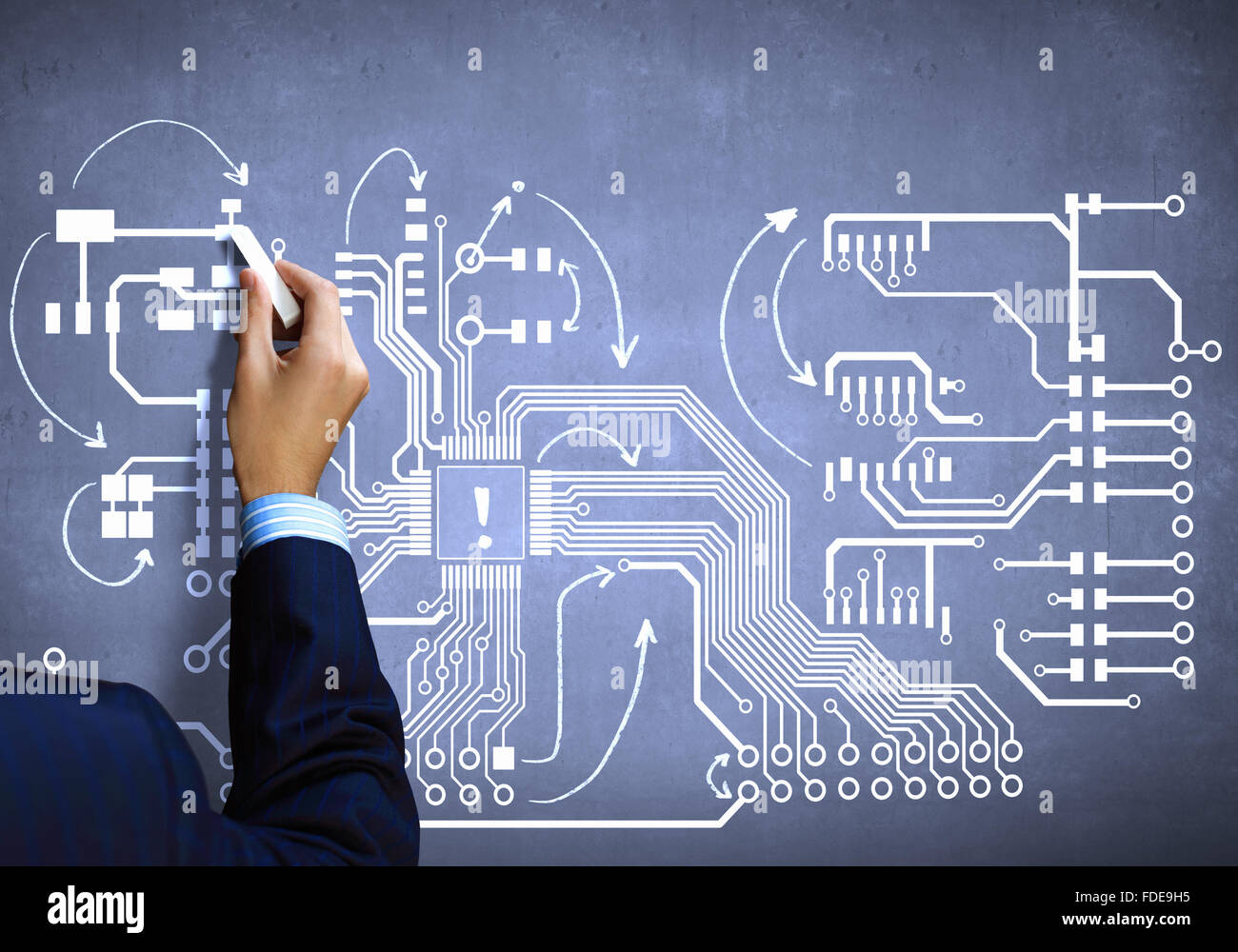 Close up image human hand drawing circuit board Stock Photo - Alamy