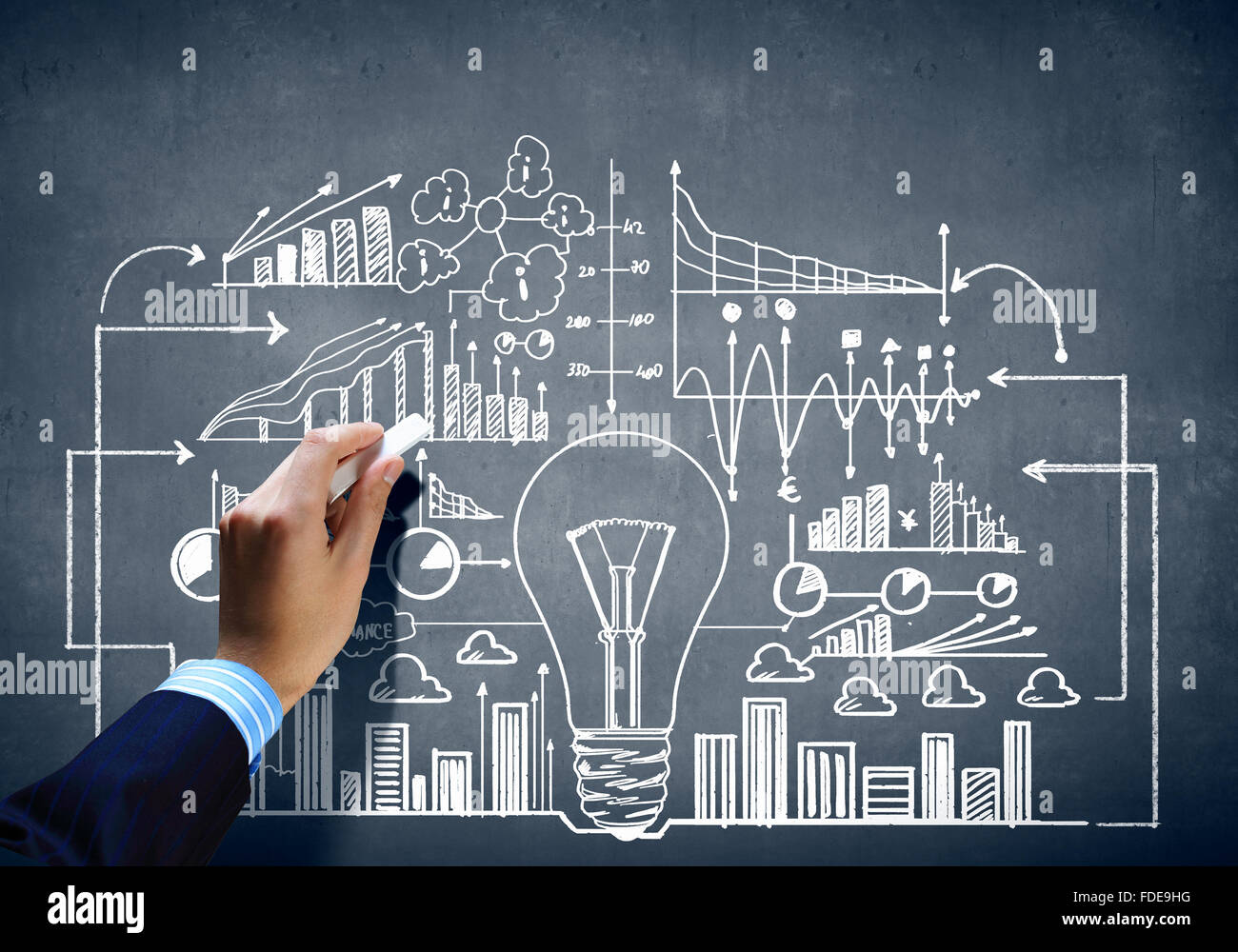 Close up of human hand drawing business plan with chalk Stock Photo - Alamy