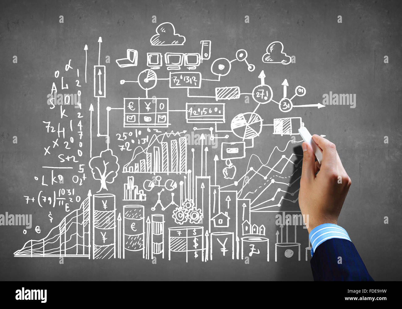 Close up of human hand drawing business plan with chalk Stock Photo - Alamy