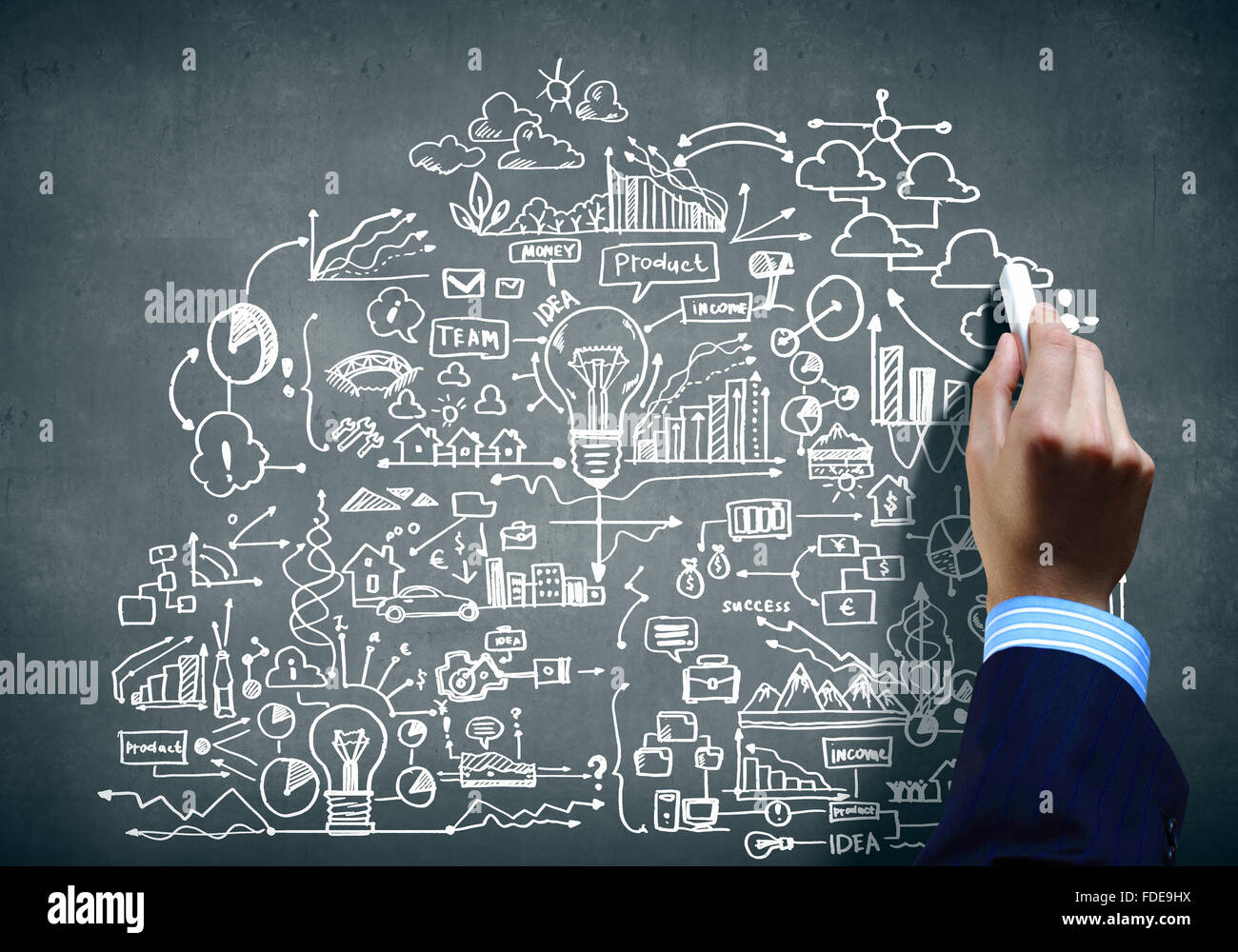 Close up of human hand drawing business plan with chalk Stock Photo - Alamy