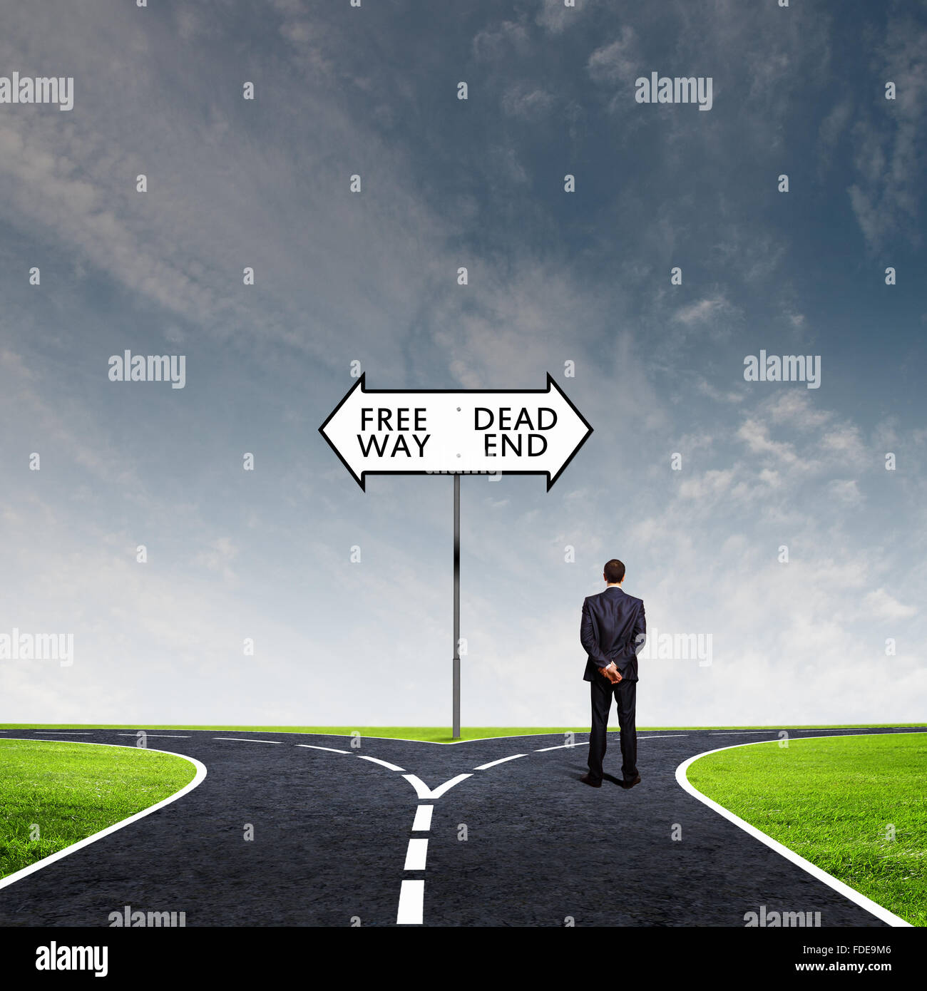 Back view of businessman standing at crossroads. Choice concept Stock ...