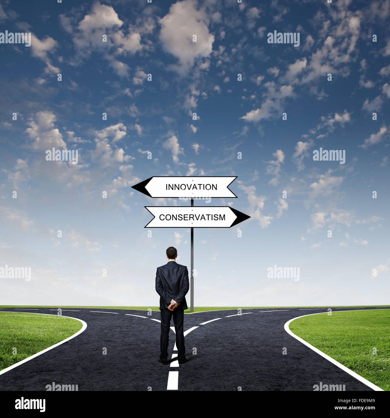 Back view of businessman standing at crossroads. Choice concept Stock ...