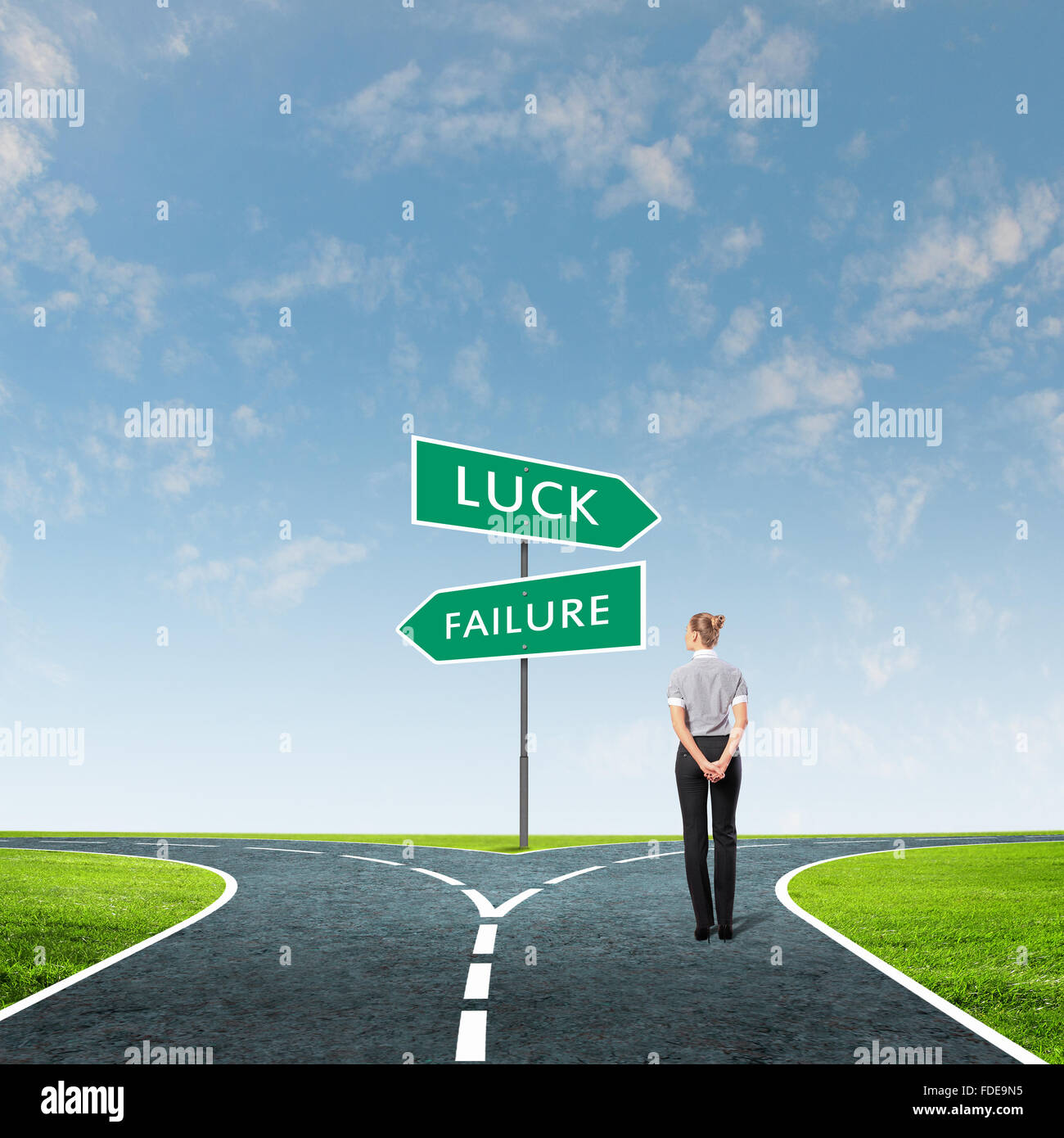 Back view of businesswoman standing at crossroads. Choice concept Stock ...