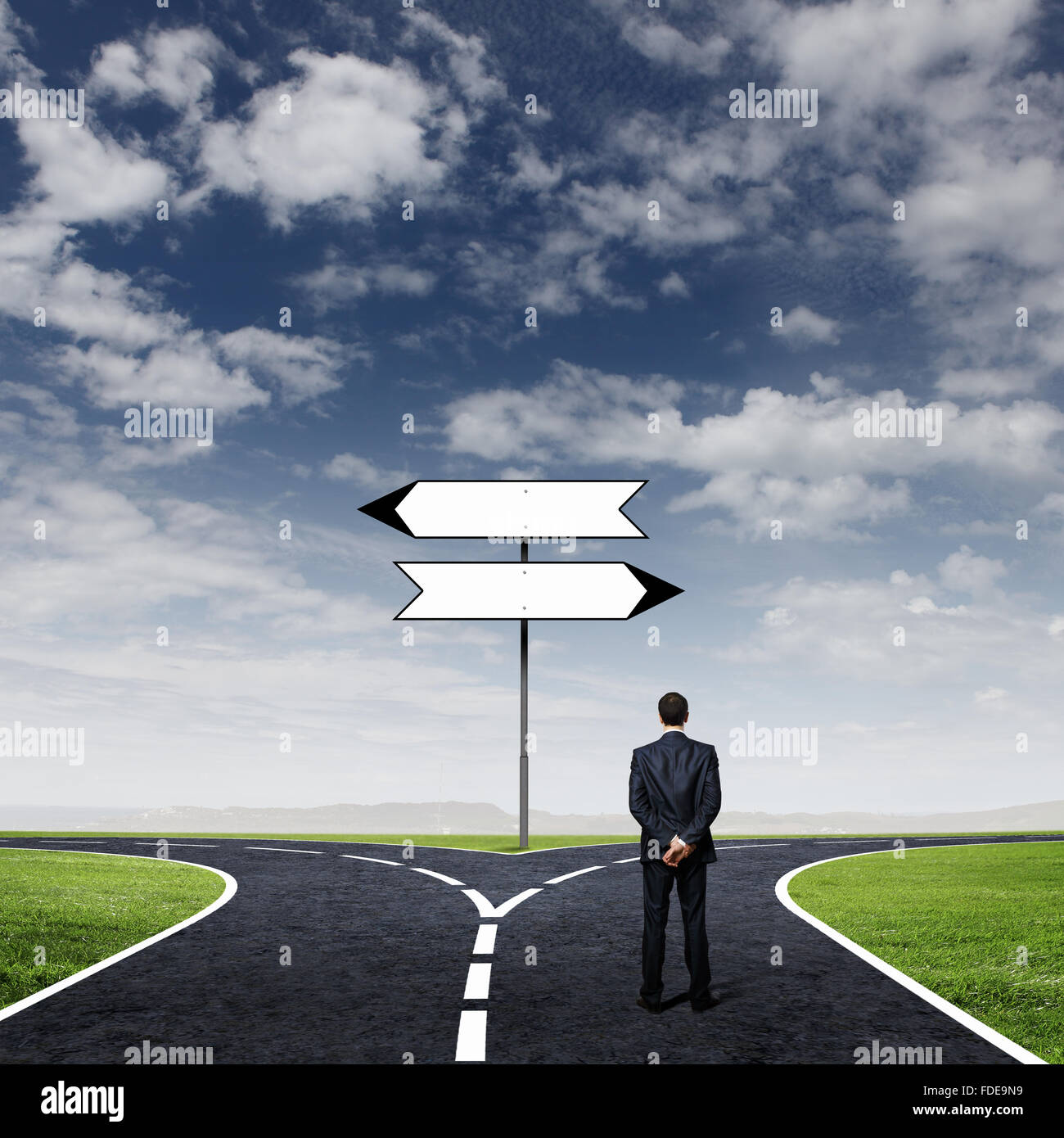 Back view of businessman standing at crossroads. Choice concept Stock ...