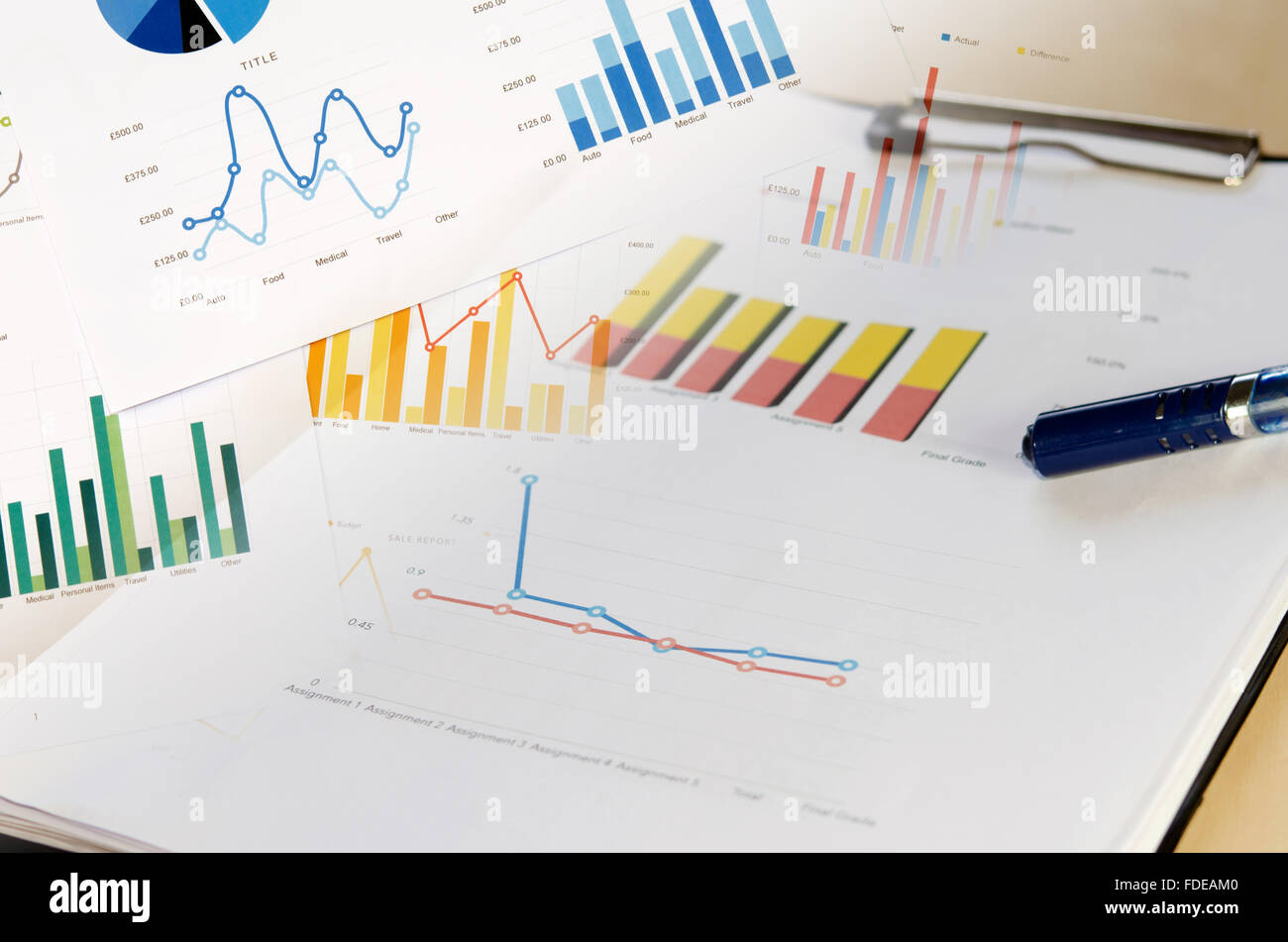 colorful graphs, charts, marketing research and business annual report ...