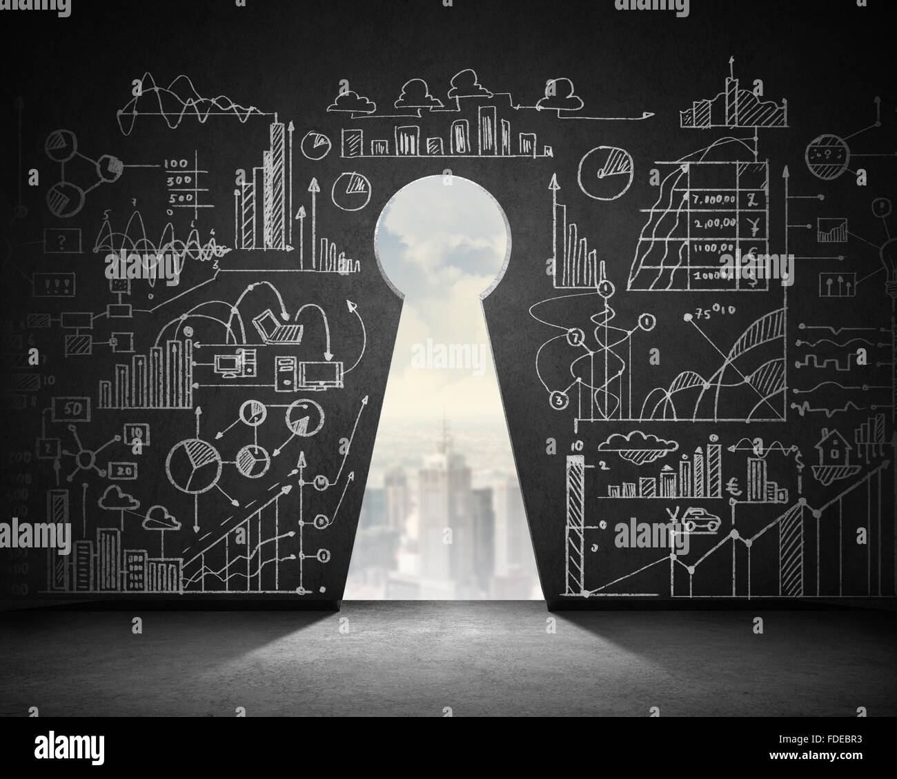 Business plan sketch on black wall with key hole Stock Photo - Alamy