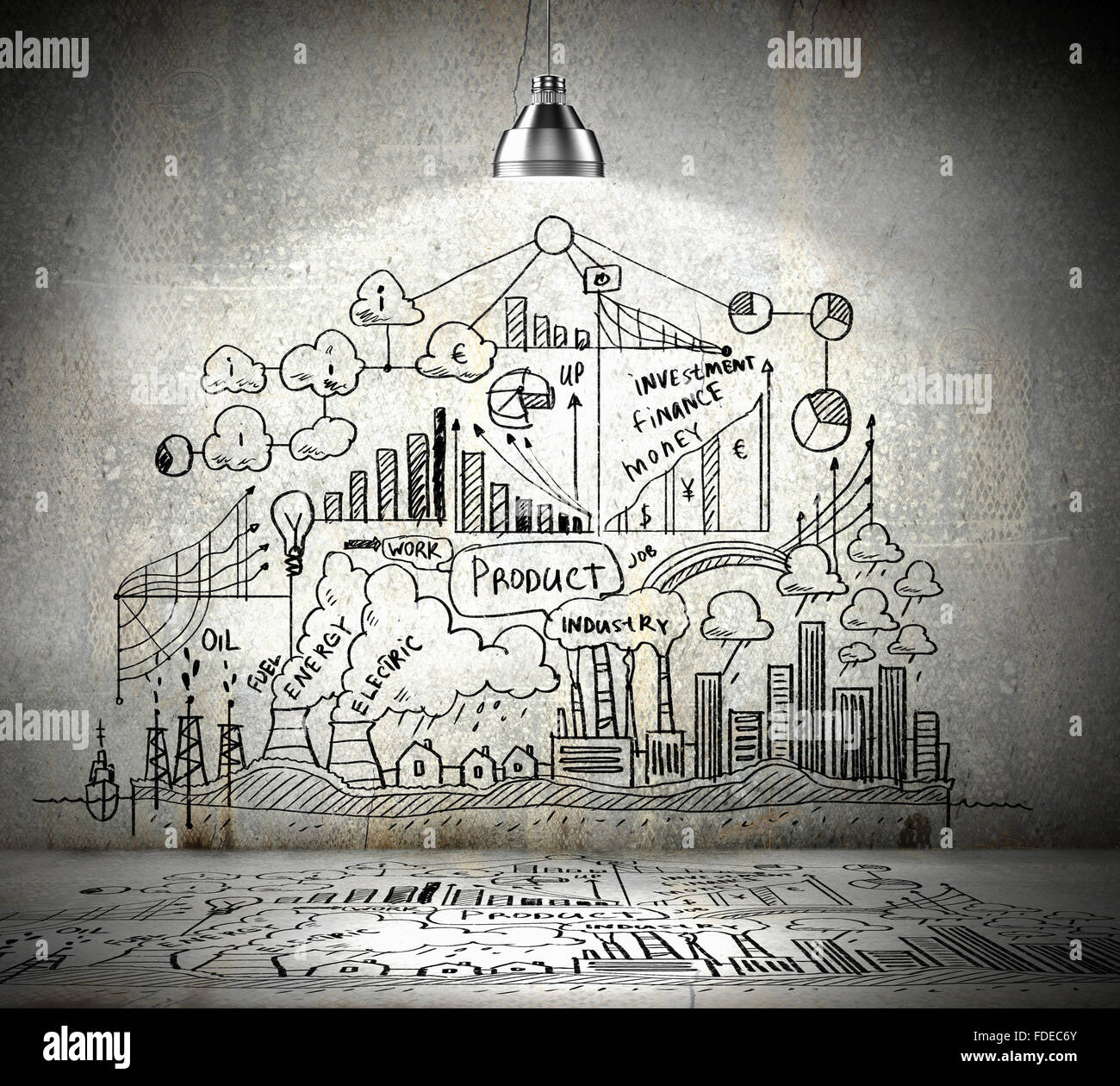 Drawn business plan on wall illuminated by lamp above Stock Photo - Alamy