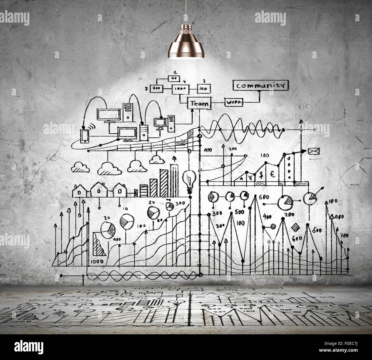 Drawn business plan on wall illuminated by lamp above Stock Photo - Alamy