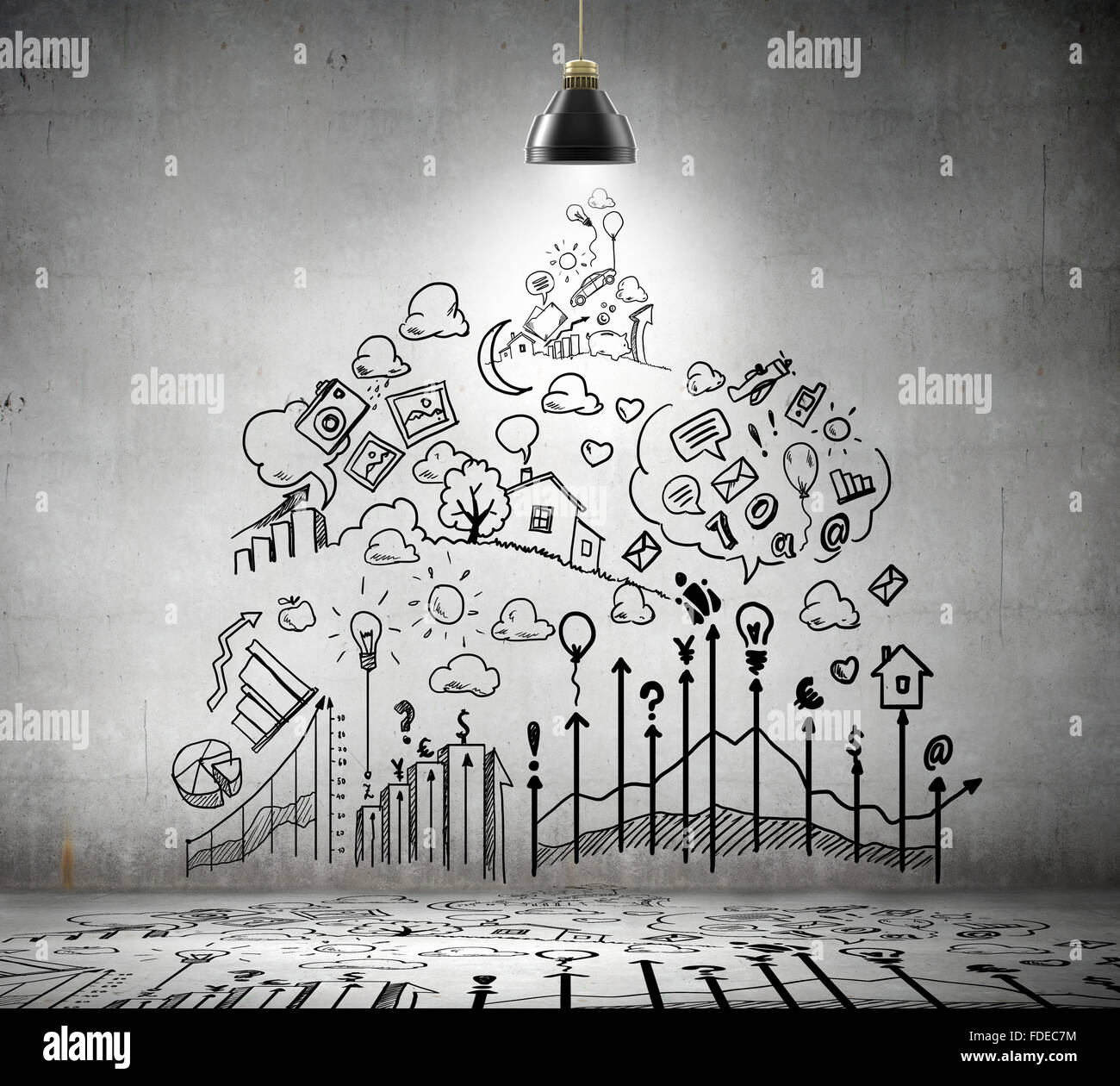 Drawn business plan on wall illuminated by lamp above Stock Photo - Alamy