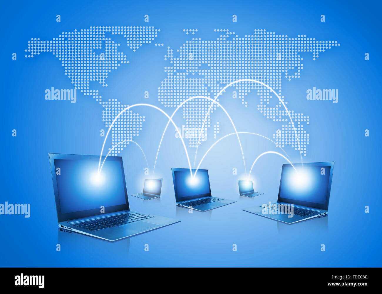 Laptops against globe blue illustration. Globalization concepts Stock ...