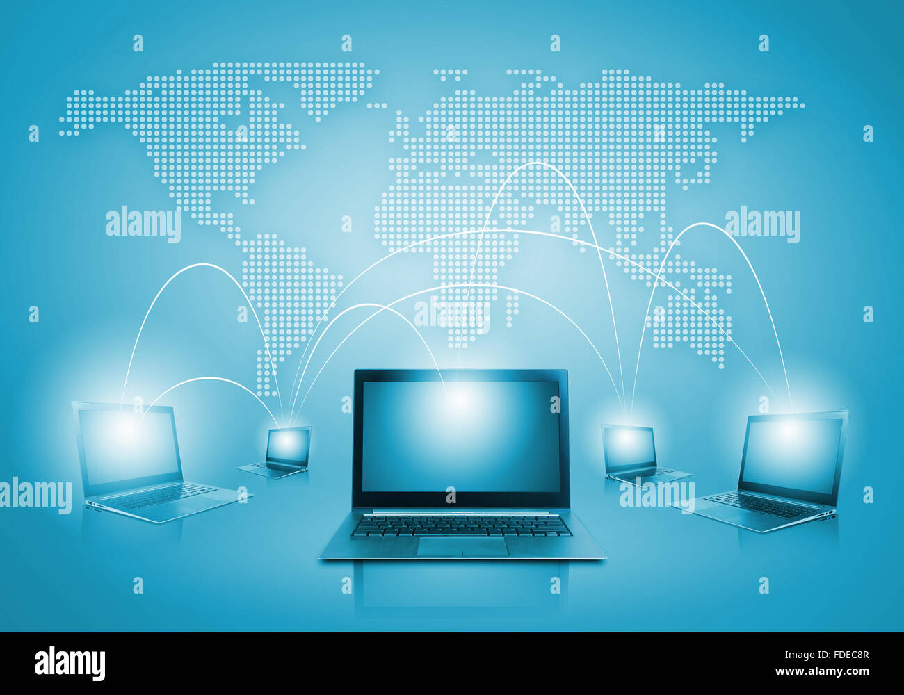 Laptops against globe blue illustration. Globalization concepts Stock ...