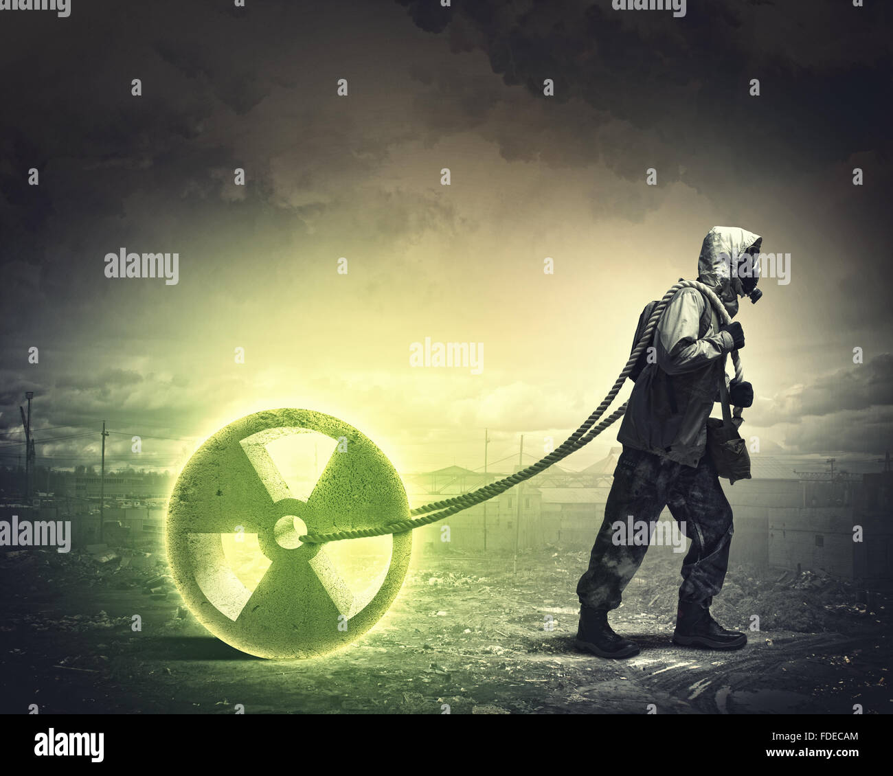 Man in respirator against nuclear background. Radioactivity concept ...