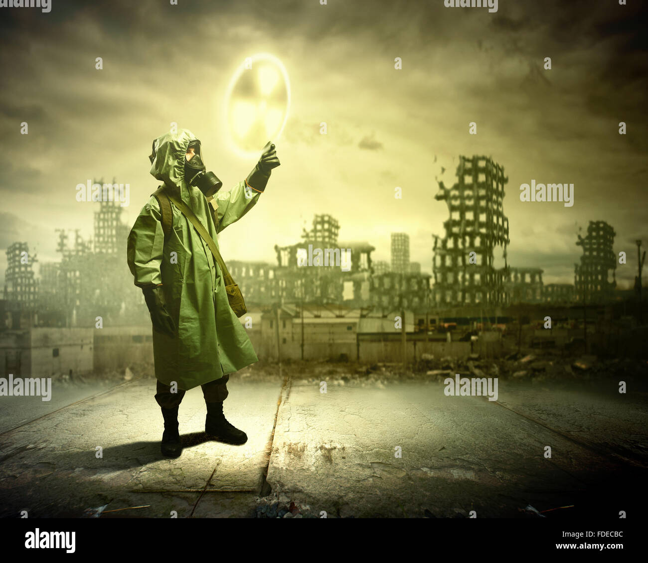 Man in respirator against nuclear background. Radioactivity concept ...