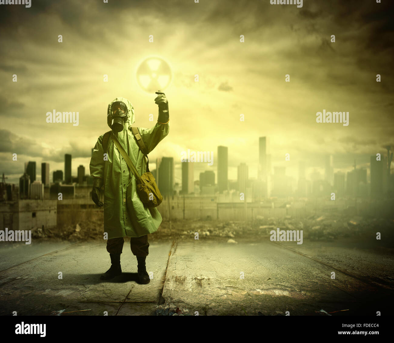 Man in respirator against nuclear background. Radioactivity concept ...