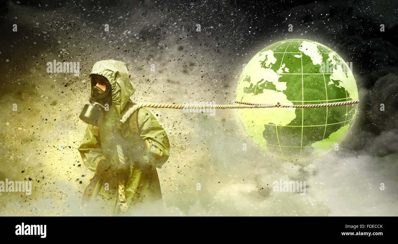 Man in respirator against nuclear background. Global pollution Stock ...