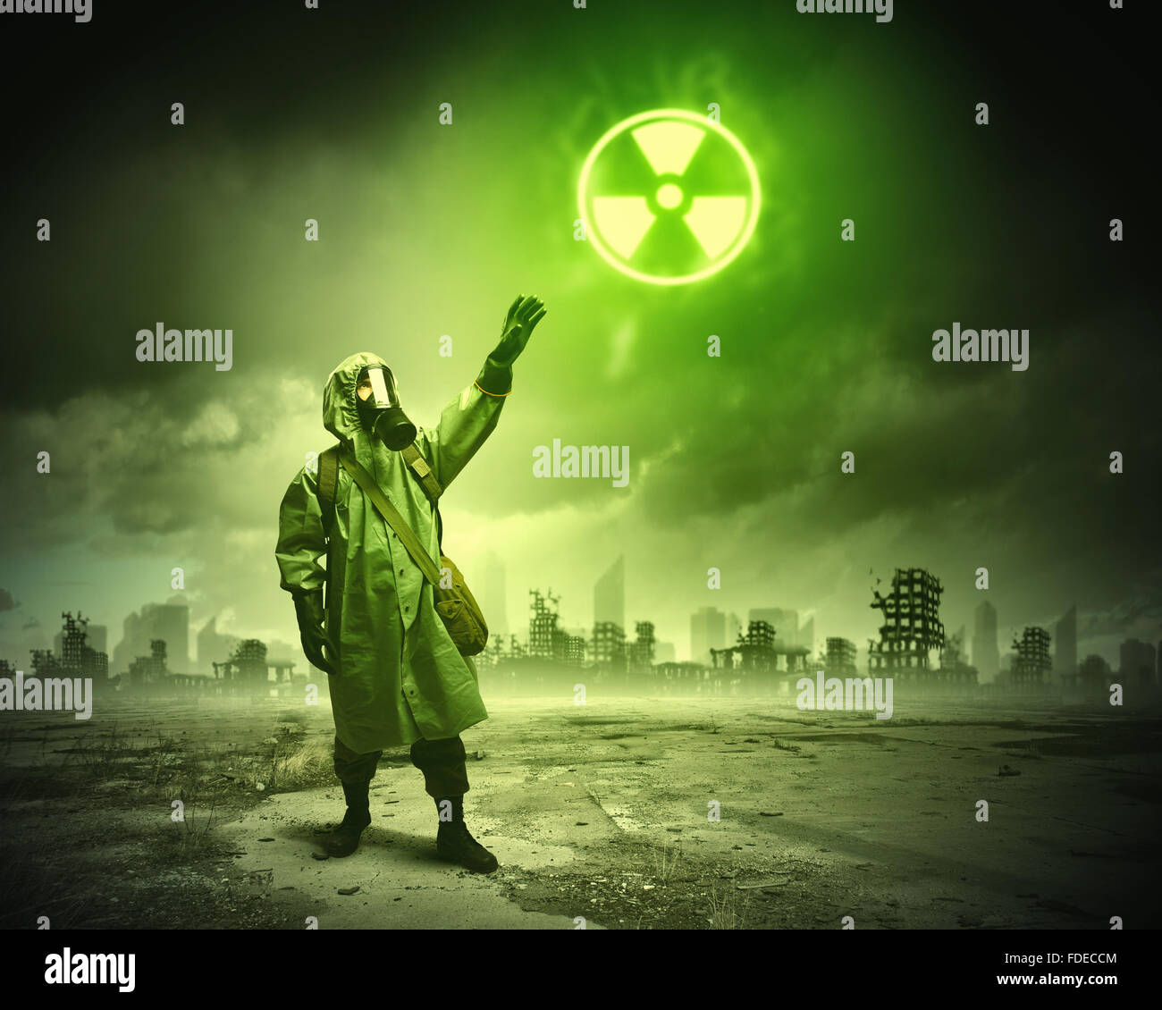 Man in respirator against nuclear background. Radioactivity concept ...