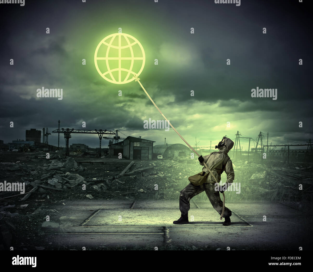 Man in respirator against nuclear background. Radioactivity concept ...