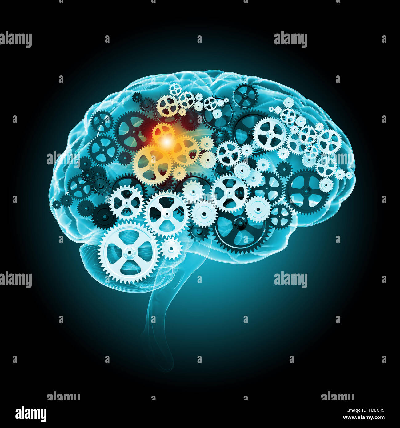 Illustration of human brain with cogwheel mechanisms Stock Photo - Alamy
