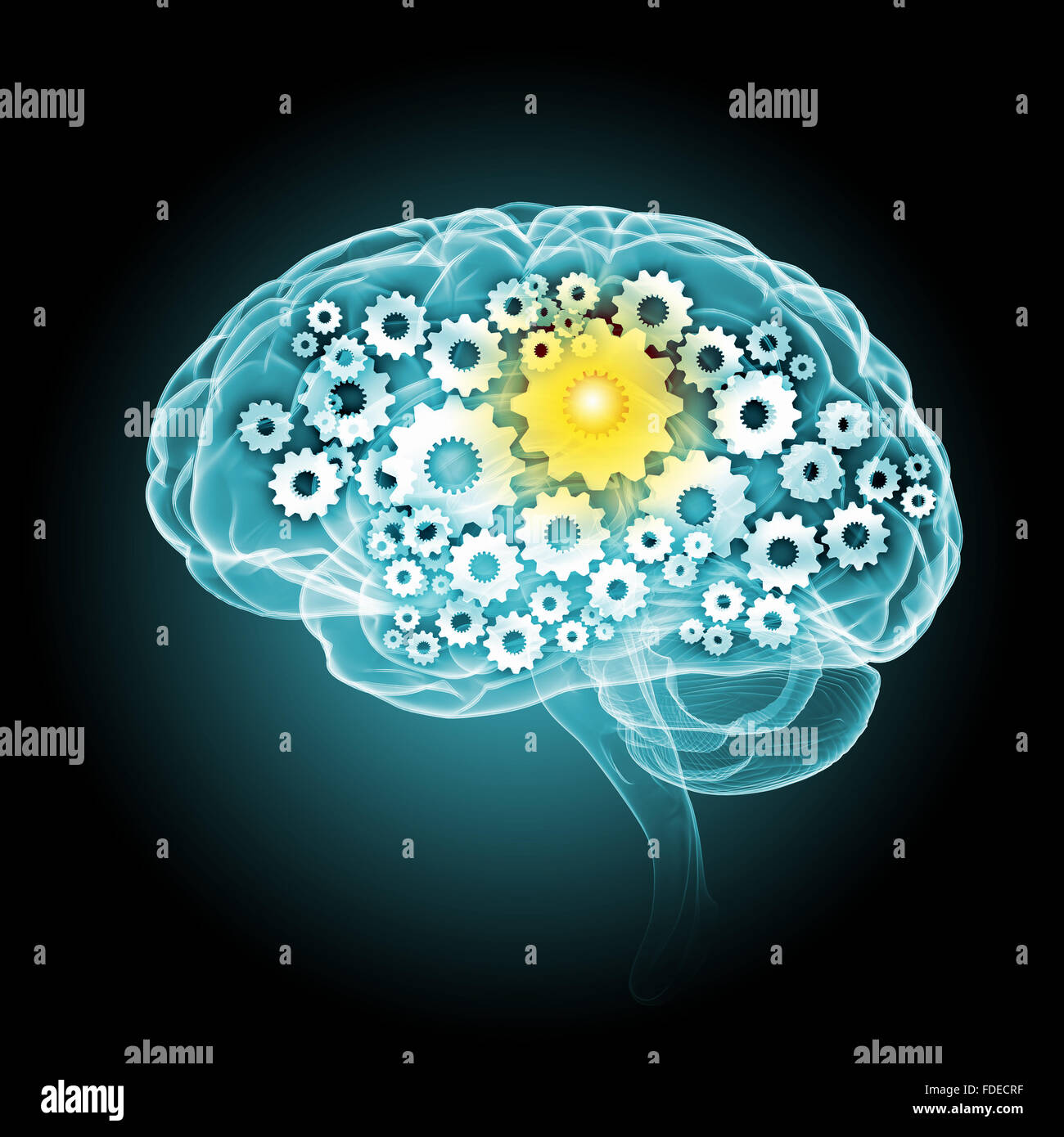 Illustration of human brain with cogwheel mechanisms Stock Photo - Alamy