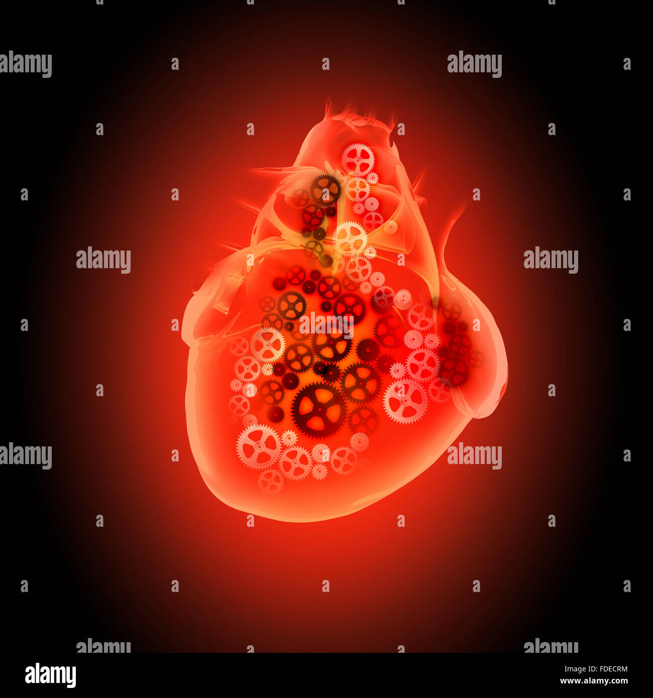 Human heart with cog and gear mechanisms against black background Stock ...