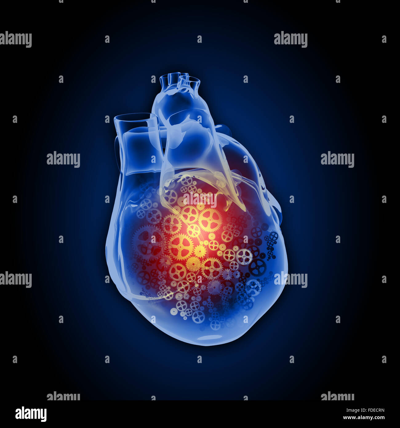 Human heart with cog and gear mechanisms against black background Stock ...