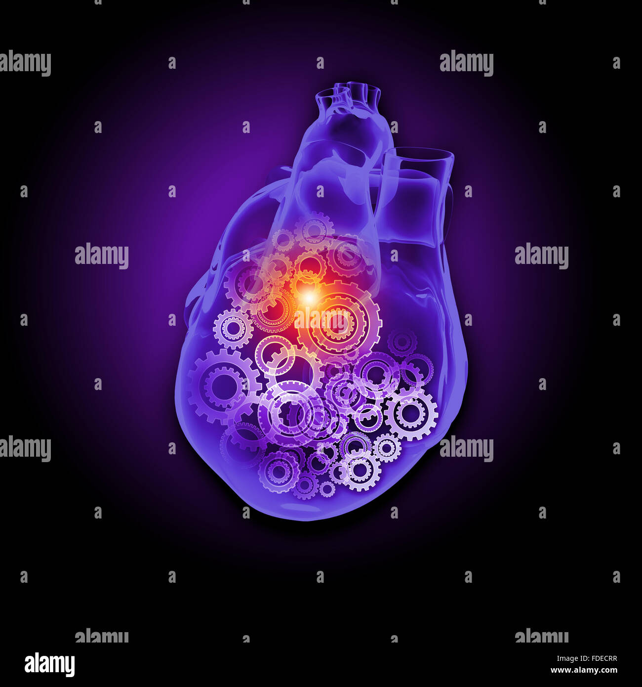 Human heart with cog and gear mechanisms against black background Stock ...
