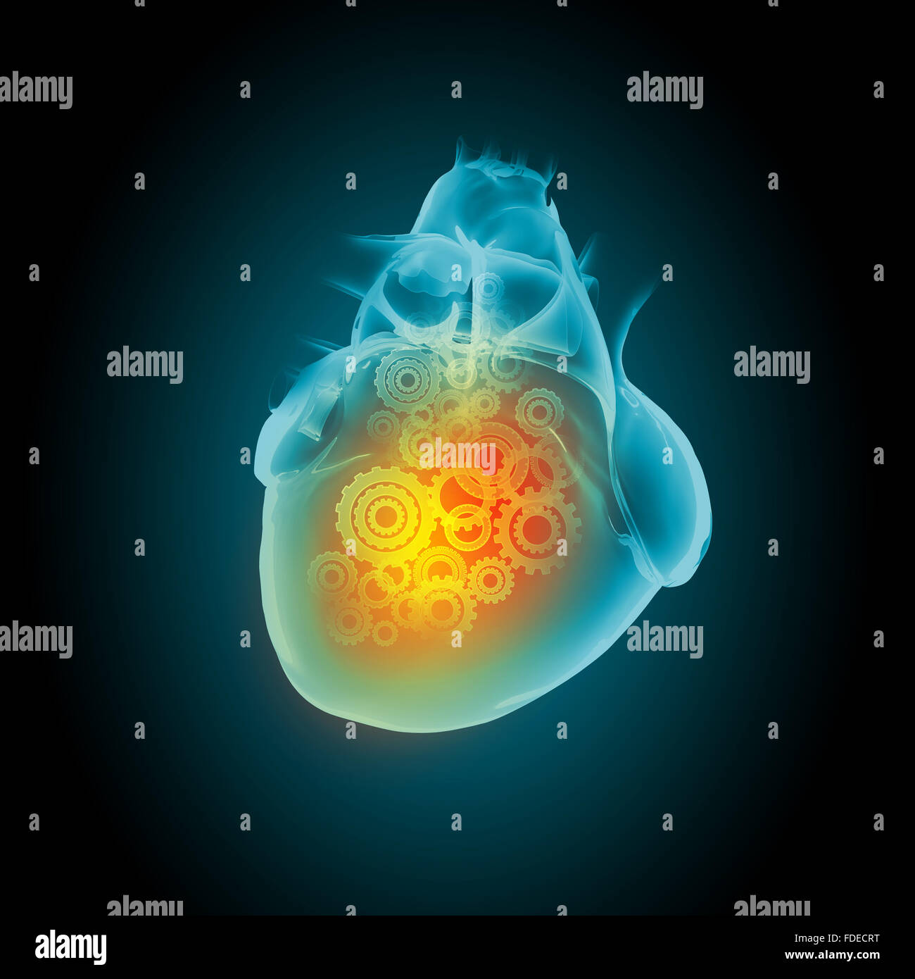 Human heart with cog and gear mechanisms against black background Stock ...