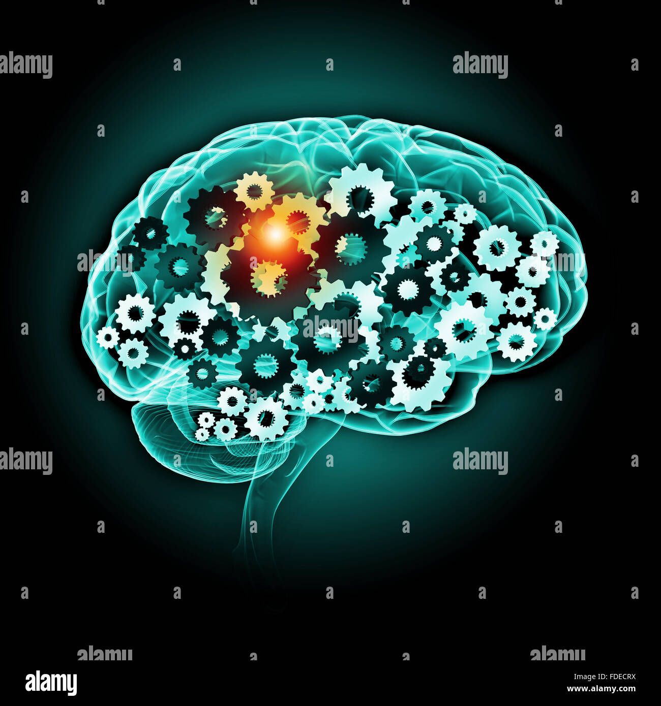 Illustration of human brain with cogwheel mechanisms Stock Photo - Alamy