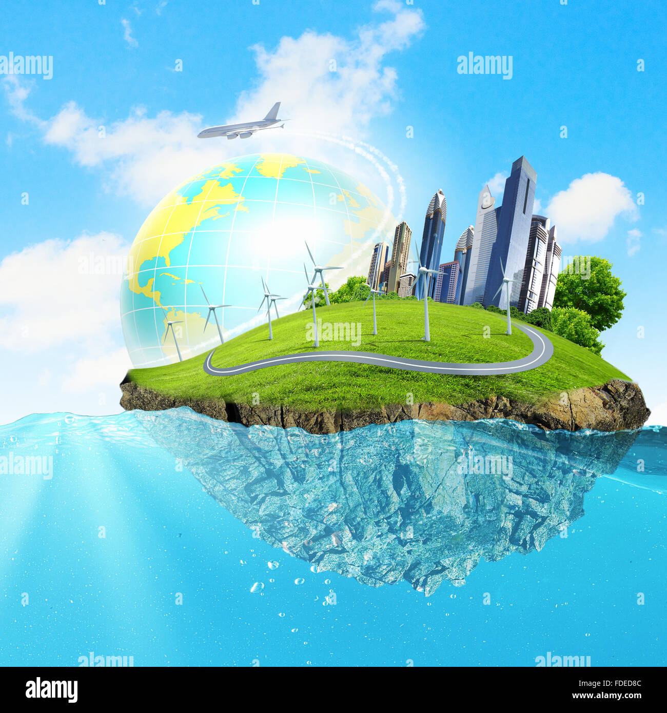 Image of earth planet floating in water. Global warming Stock Photo - Alamy
