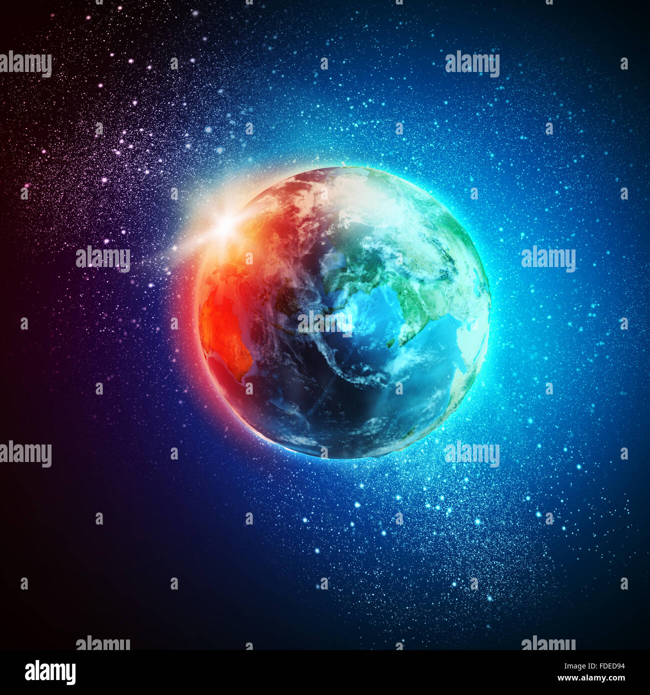 Earth planet in sun rays. Elements of this image are furnished by NASA ...