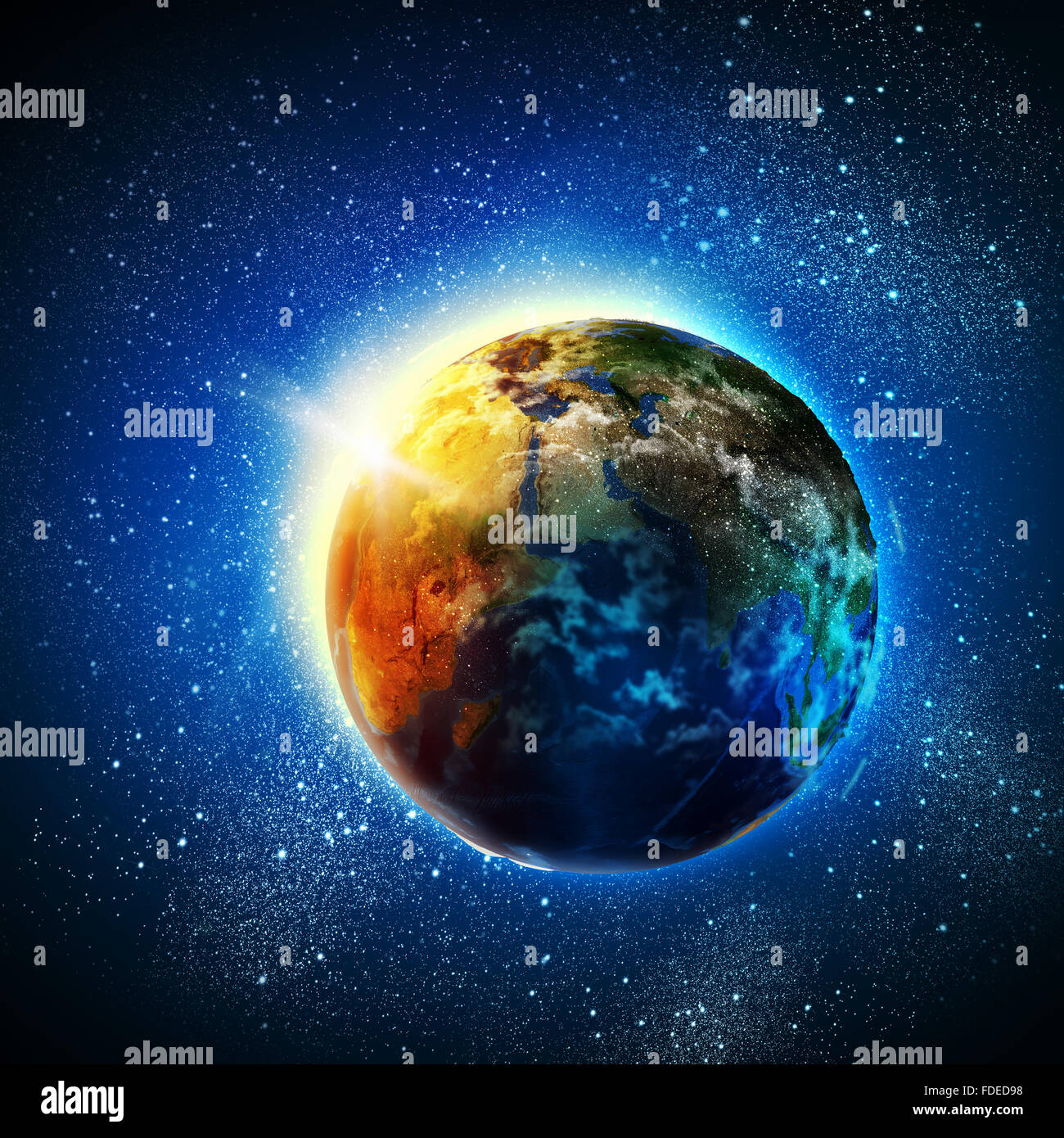 Earth planet in sun rays. Elements of this image are furnished by NASA ...