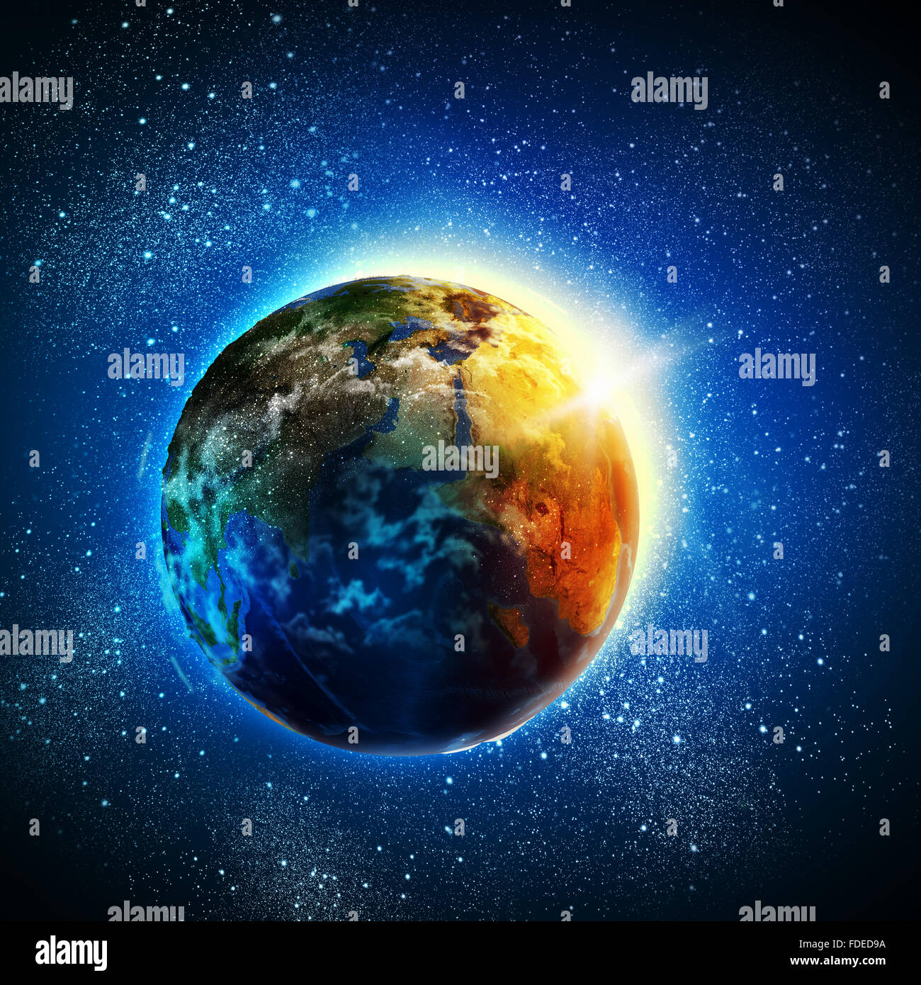 Earth planet in sun rays. Elements of this image are furnished by NASA ...