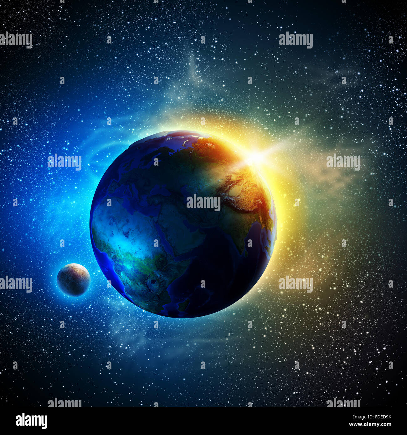 Earth planet in sun rays. Elements of this image are furnished by NASA ...