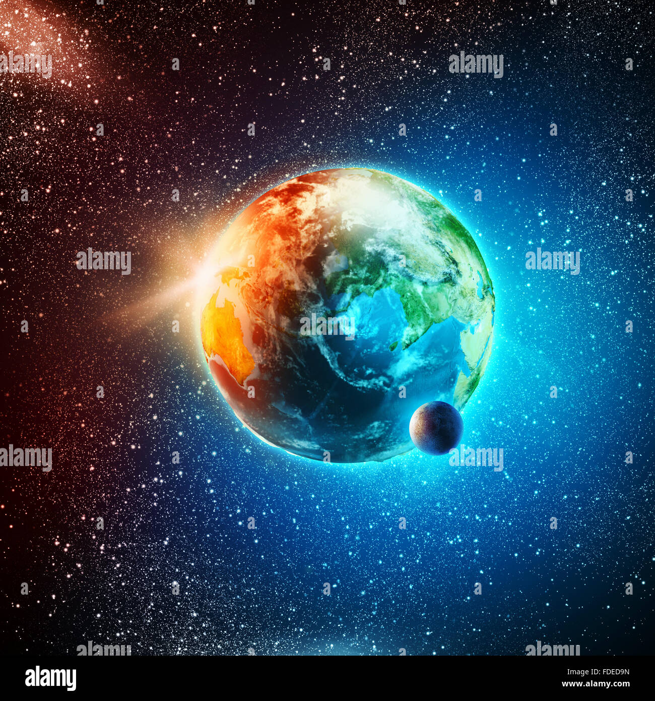 Earth planet in sun rays. Elements of this image are furnished by NASA ...