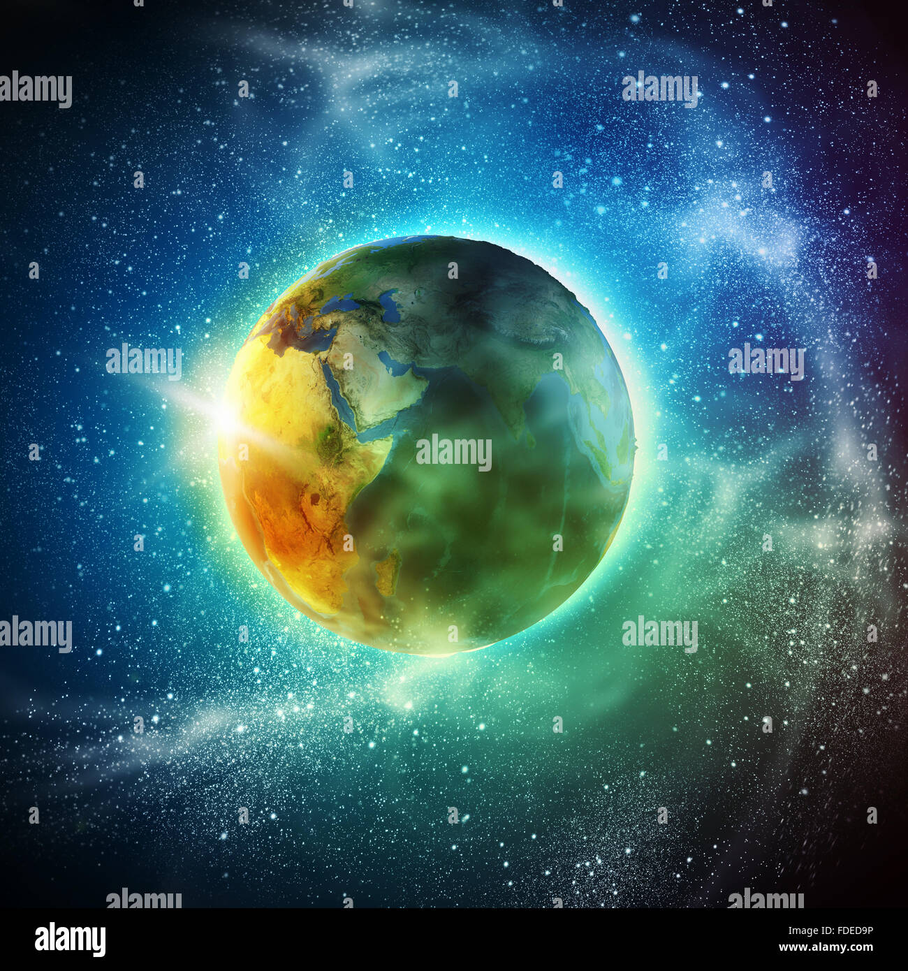 Earth planet in sun rays. Elements of this image are furnished by NASA ...