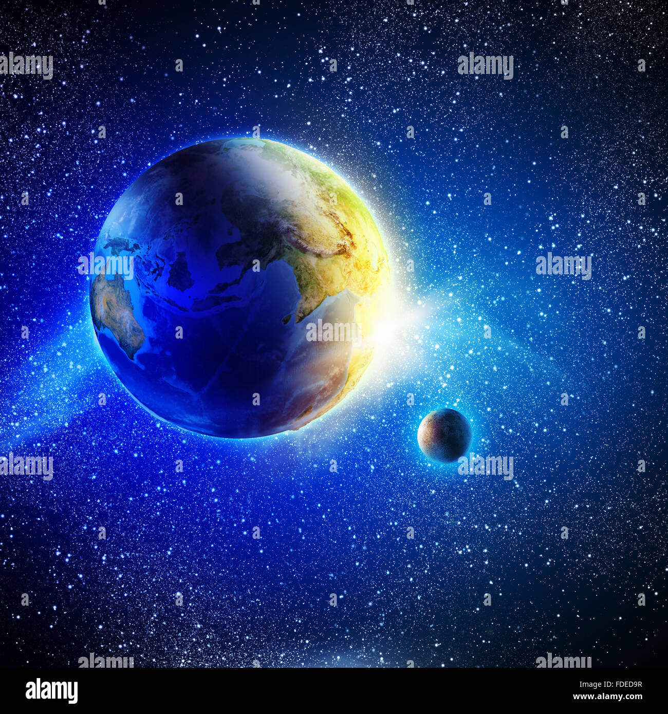 Earth planet in sun rays. Elements of this image are furnished by NASA ...